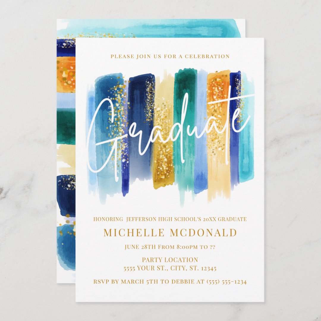 Blue & Gold Glitter Graduation Party Invitation | Zazzle