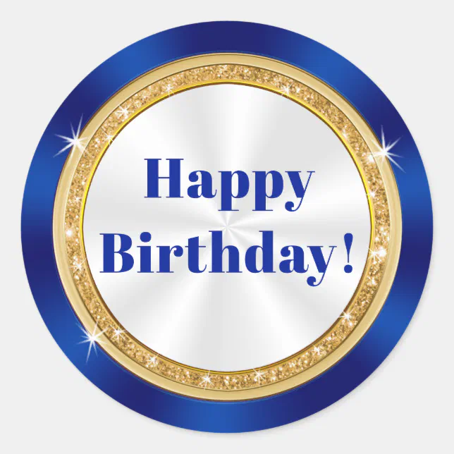 Blue, Gold Glitter Look, Happy Birthday Stickers | Zazzle