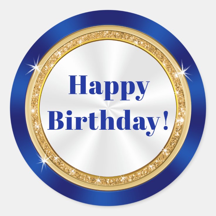 Blue, Gold Glitter Look, Happy Birthday Stickers | Zazzle