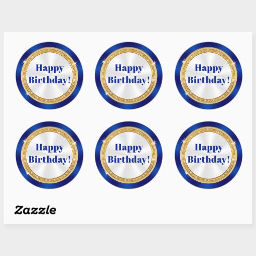 Blue, Gold Glitter Look, Happy Birthday Stickers | Zazzle
