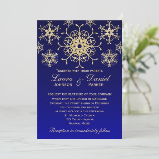 Blue, Gold Glitter LOOK Snowflakes Wedding Invite | Zazzle