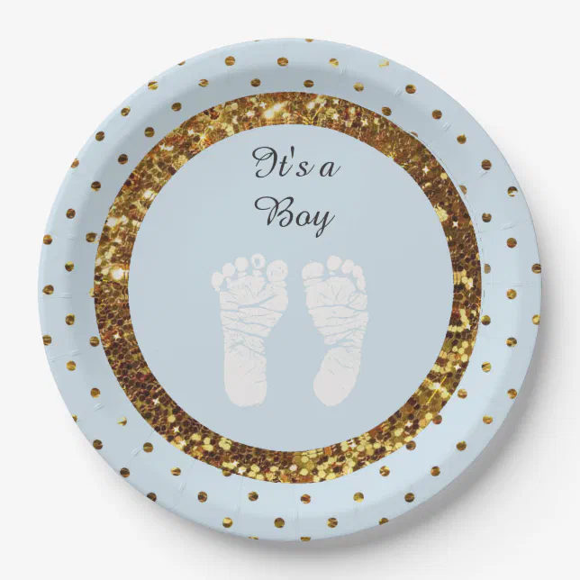Blue & Gold Glitter Personalized Paper Plates | Zazzle
