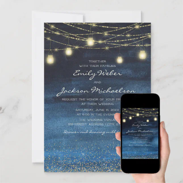Blue Gold Glitter String Light Lantern Wedding Invitation | Zazzle