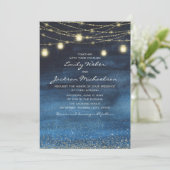 Blue Gold Glitter String Light Lantern Wedding Invitation | Zazzle