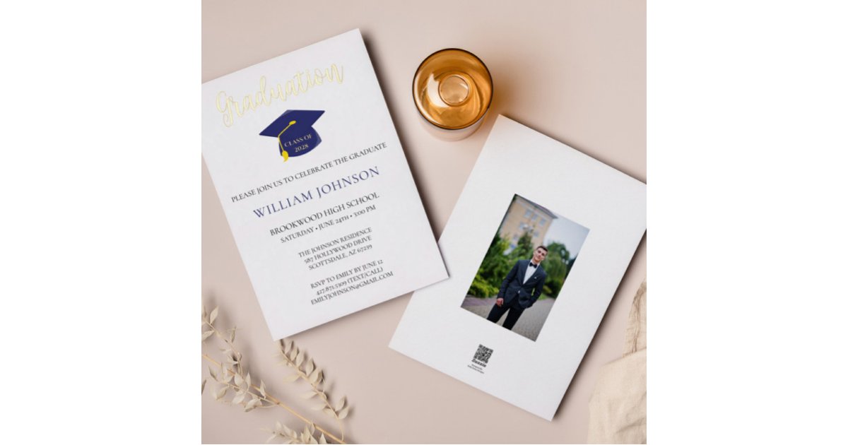 Blue Gold Graduation Cap & Tassel Foil Invitation | Zazzle