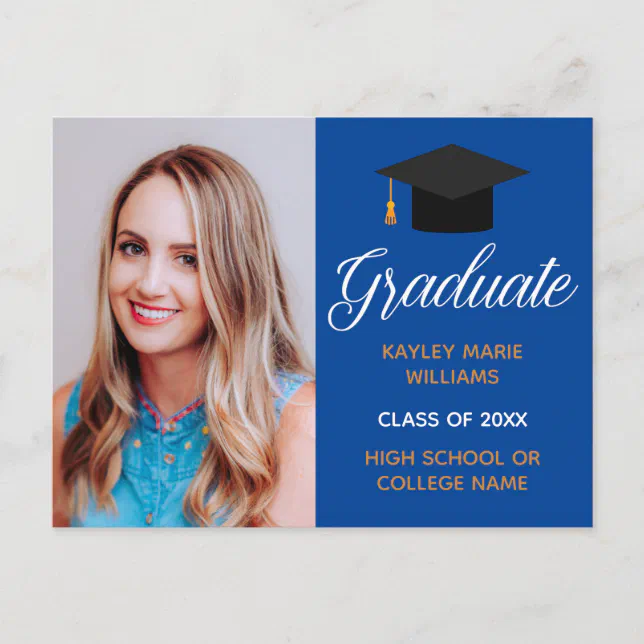 Blue Gold Graduation Photo Graduate Announcement Postcard | Zazzle