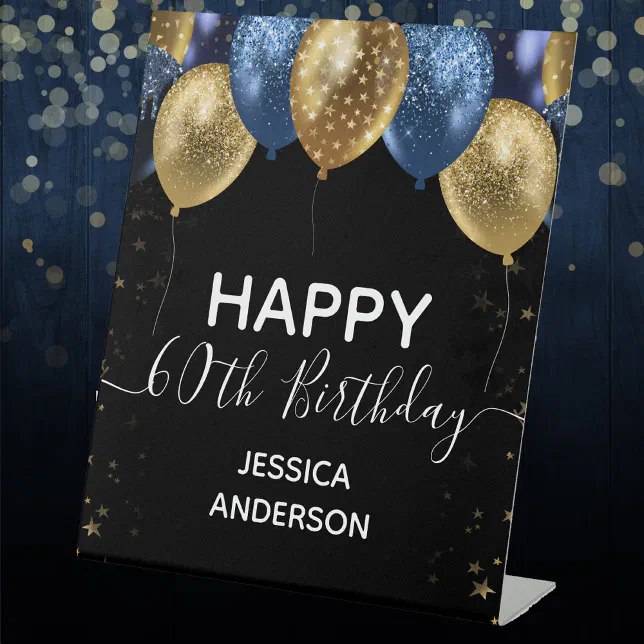 Blue Gold Happy 60th Birthday Pedestal Sign | Zazzle