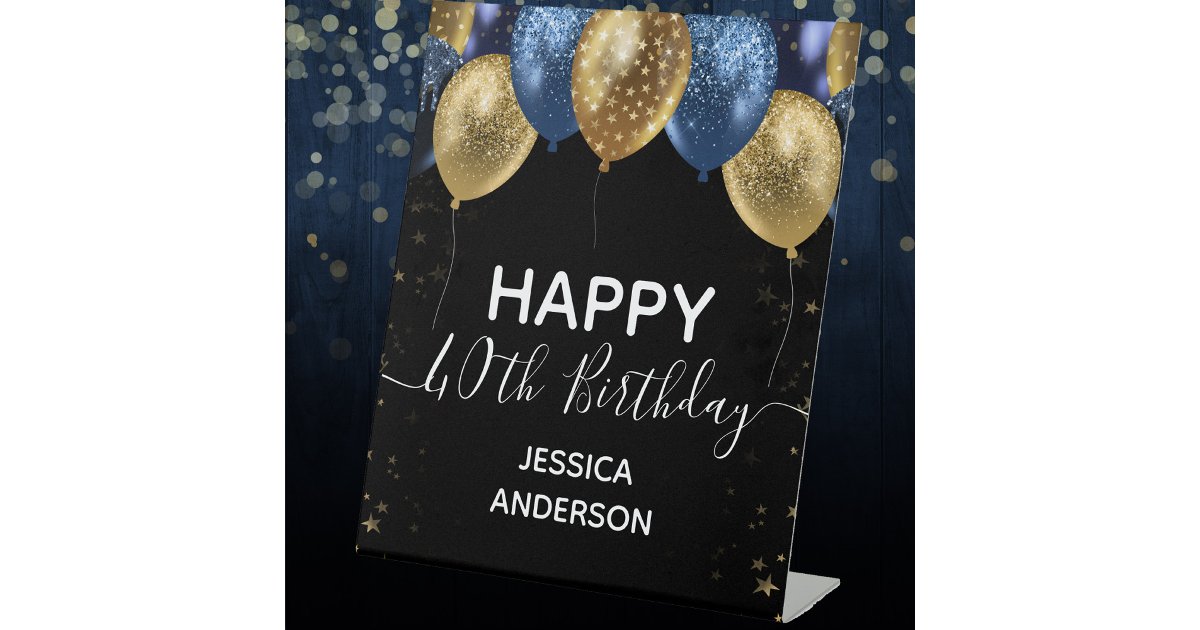 Blue Gold Happy Birthday Pedestal Sign | Zazzle