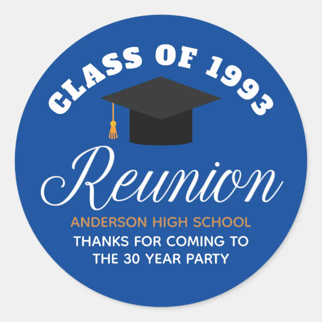 Blue Gold High School Reunion Personalized Party Classic Round Sticker ...