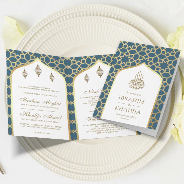 Blue Gold Islamic Pattern QR Code Muslim Wedding Invitation | Zazzle