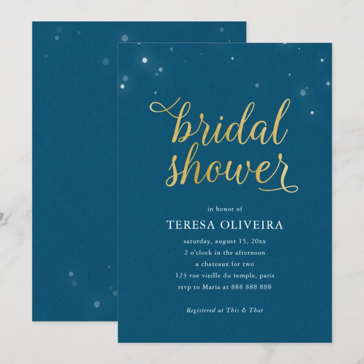 Blue Gold Look Bridal Shower Lights Simple Elegant Invitation | Zazzle