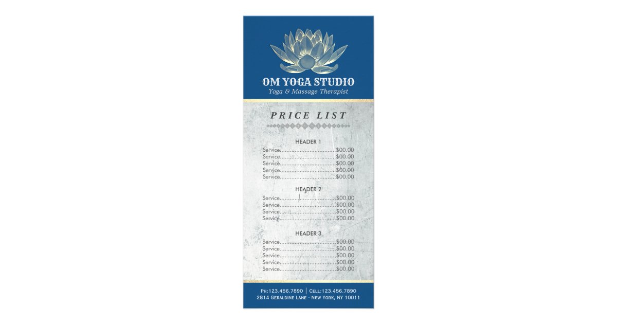 Blue & Gold Lotus YOGA Reiki Instructor Price List Rack Card | Zazzle