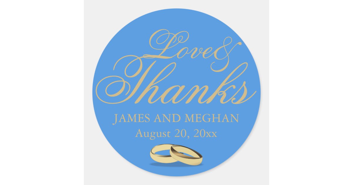 Blue And Gold Love And Thanks Personalized Wedding Classic Round Sticker