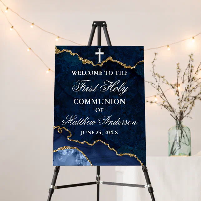 Blue Gold Marble First Holy Communion Welcome Foam Board | Zazzle
