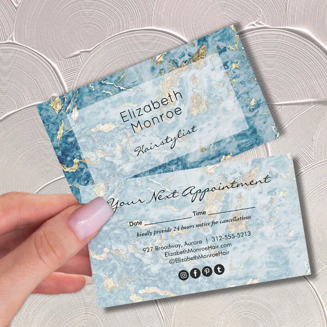 Blue Gold Marble Hair Stylist Salon Makeup Appointment Card | Zazzle