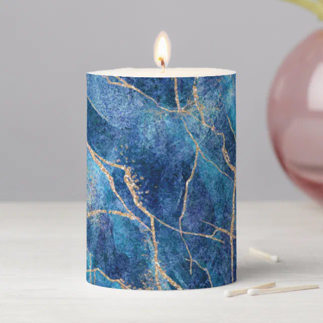 Blue Gold Marble Pretty Pillar Candle | Zazzle