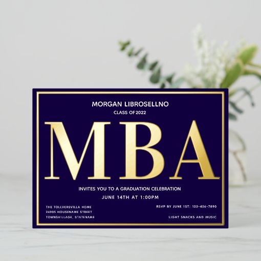 Blue Gold MBA Graduation Foil Invitation | Zazzle
