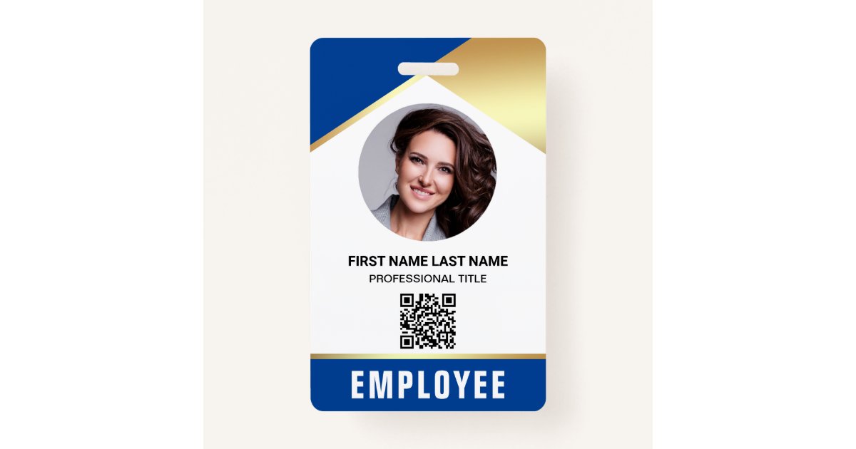 Blue Gold Name Photo QR Code Employee ID Card Badge | Zazzle