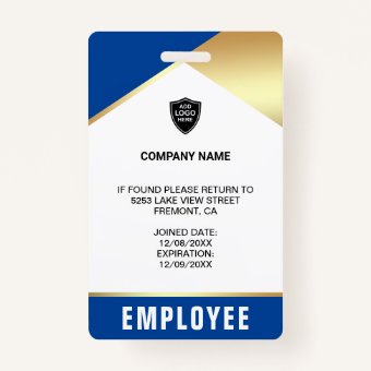 Blue Gold Name Photo QR Code Employee ID Card Badge | Zazzle
