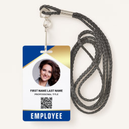 Blue Gold Name Photo QR Code Employee ID Card Badge | Zazzle