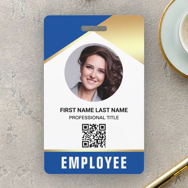 Blue Gold Name Photo QR Code Employee ID Card Badge | Zazzle