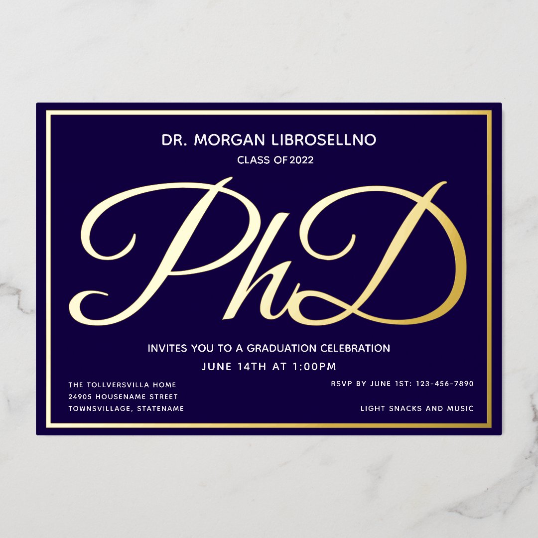 Blue Gold PhD Graduation Foil Invitation | Zazzle