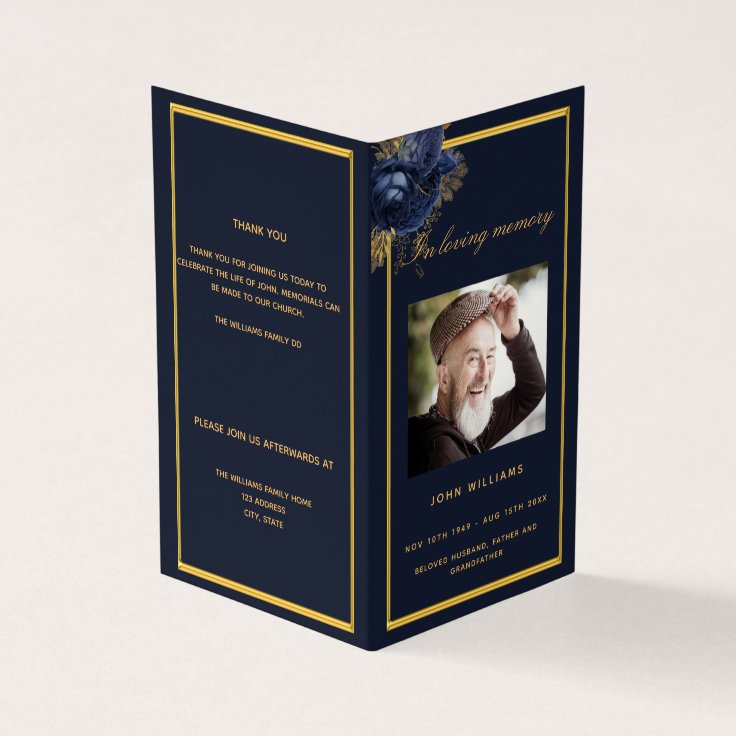 Blue gold photo elegant floral funeral program | Zazzle