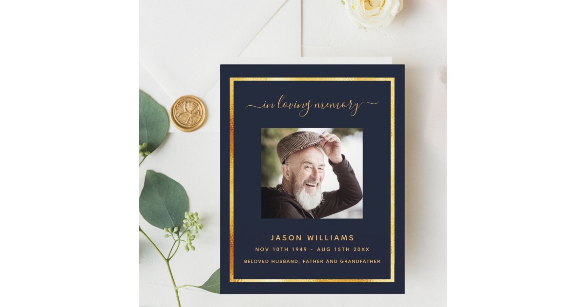 Blue gold photo elegant funeral program | Zazzle