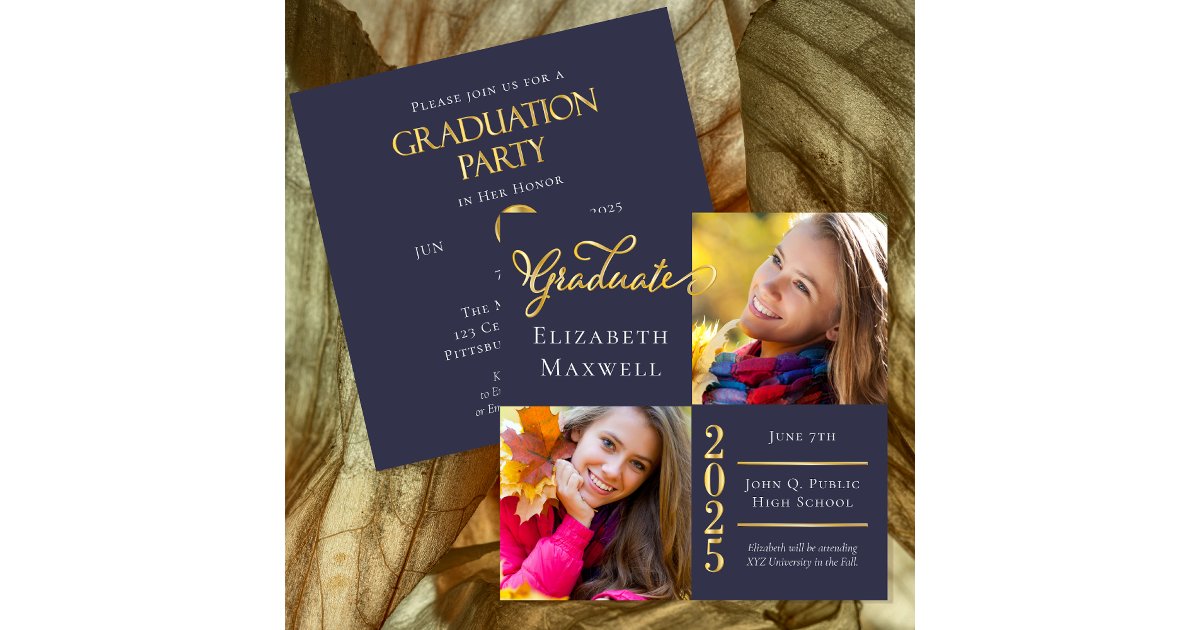 Blue | Gold Photo Graduation Announcement | Party | Zazzle