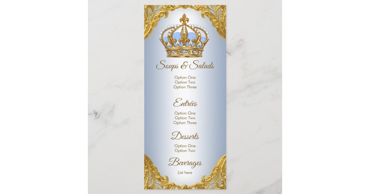 Blue Gold Prince Baby Shower Menu | Zazzle