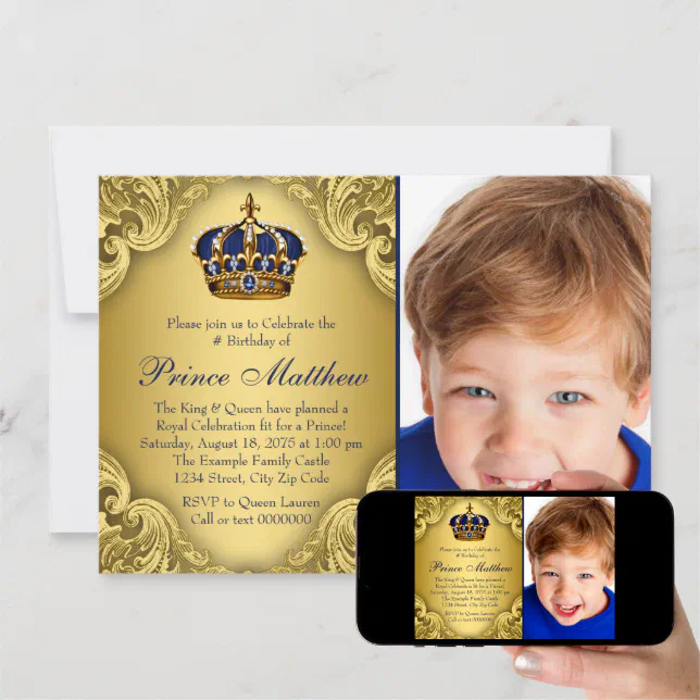 Blue Gold Prince Crown Prince Birthday Party Invitation | Zazzle
