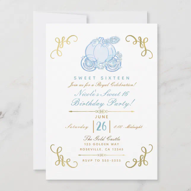 Blue & Gold Pumpkin Carriage Sweet 16 Party Invitation | Zazzle