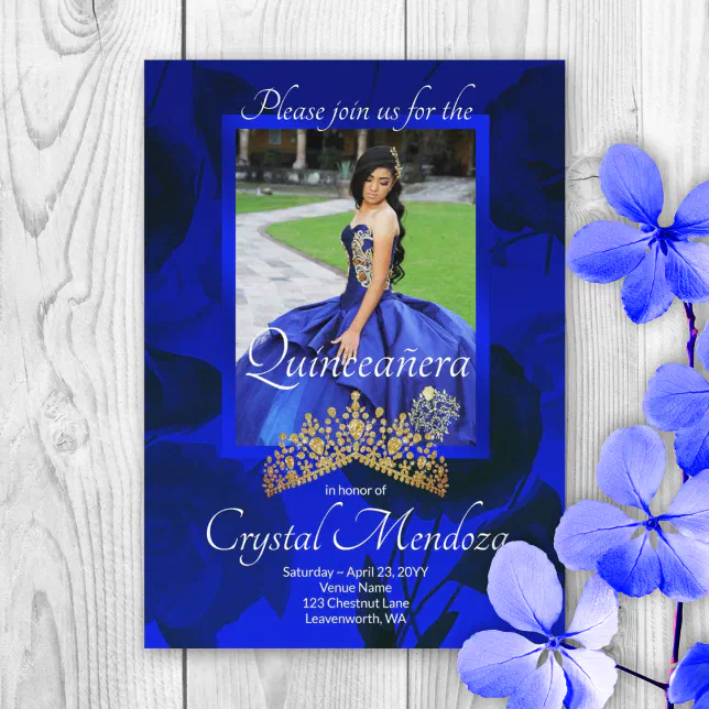 Blue, Gold Quinceanera Rhinestone Tiara Invitation | Zazzle