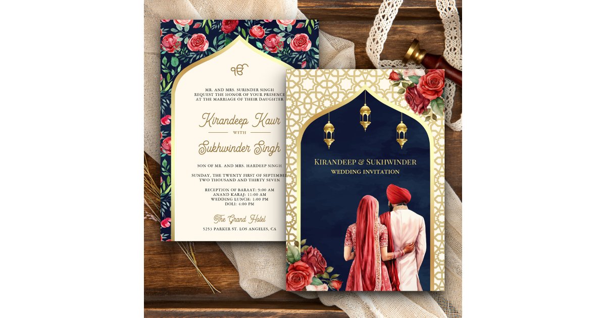 Blue Gold Red Rose Floral Anand Karaj Sikh Wedding Invitation | Zazzle
