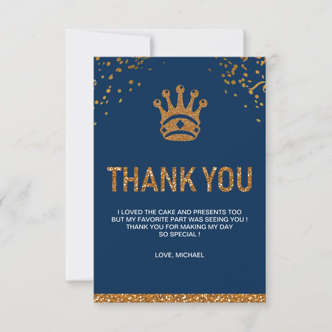 Blue Gold Royal Prince Crown Birthday Party Thank You Card | Zazzle