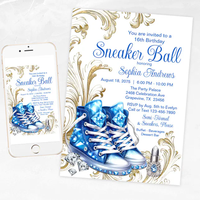 Blue Gold Sneaker Ball Birthday Party Invitation | Zazzle