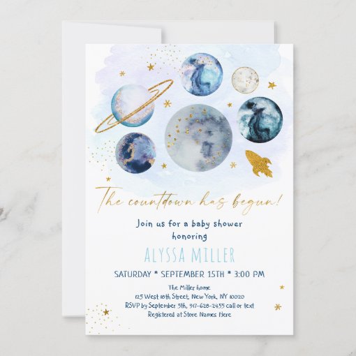 Blue Gold Space Countdown Has Begun Baby Shower Invitation | Zazzle