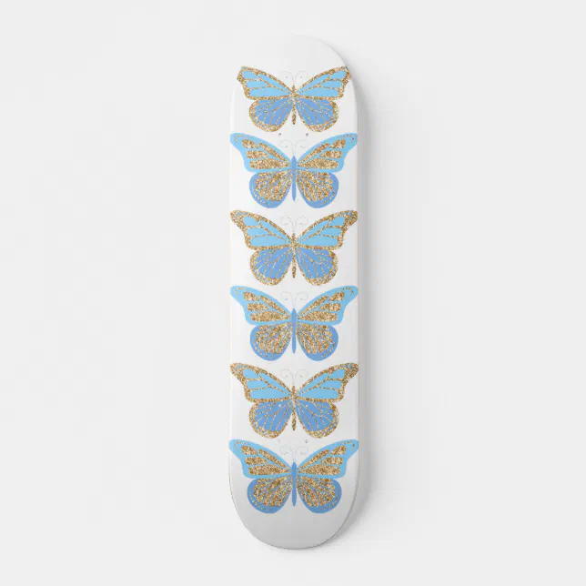 Blue Gold Sparkle Butterflies Skateboard | Zazzle
