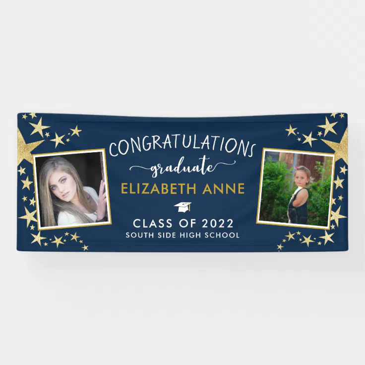 Blue & Gold Stars Photo Congratulations Graduate Banner | Zazzle