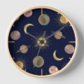 Blue Gold Sun Moon Planets Space illustration Clock | Zazzle