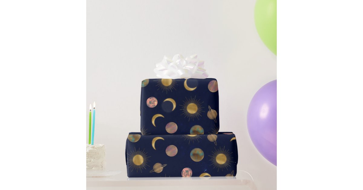 Blue Gold Sun Moon Planets Space illustration Wrapping Paper | Zazzle