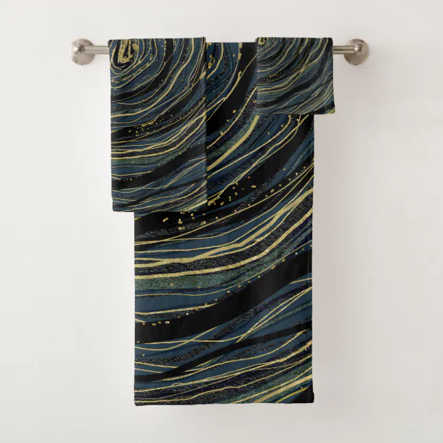 Blue Gold Swirl Glam Art Bath Towel Set | Zazzle