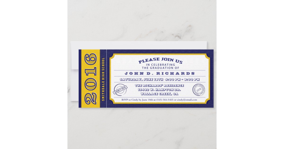 Blue & Gold Ticket Graduation Party Invitation | Zazzle