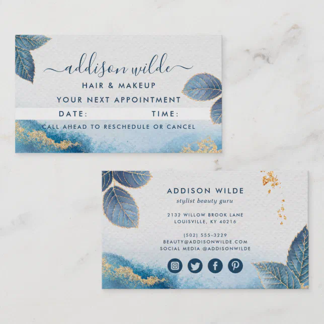 Blue Gold Watercolor Botanical Leaves Abstract Appointment Card | Zazzle