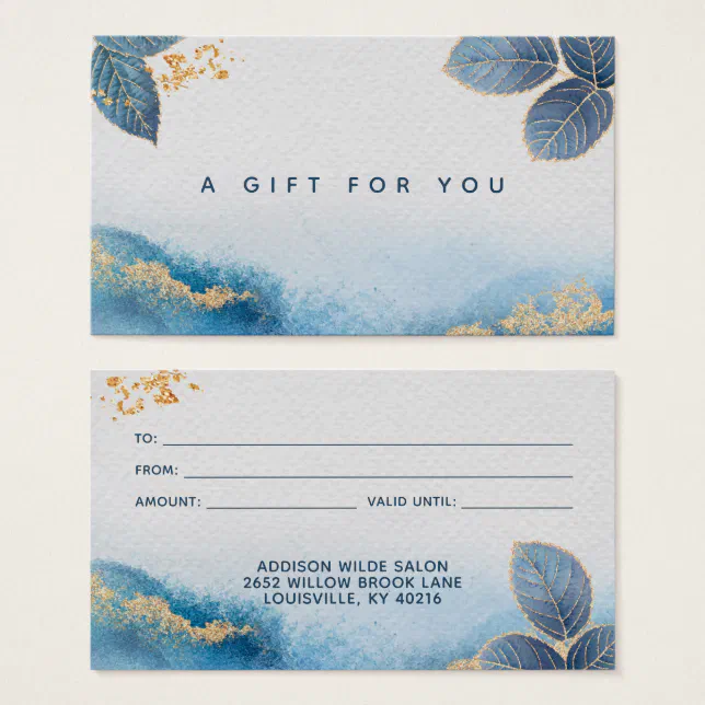 Blue Gold Watercolor Botanical Leaves Gift Card | Zazzle