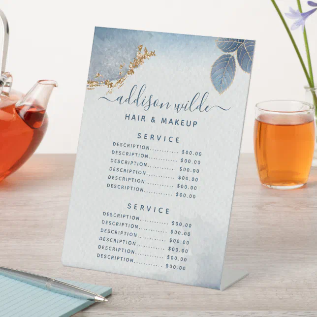 Blue Gold Watercolor Botanical Service Price Menu Pedestal Sign | Zazzle