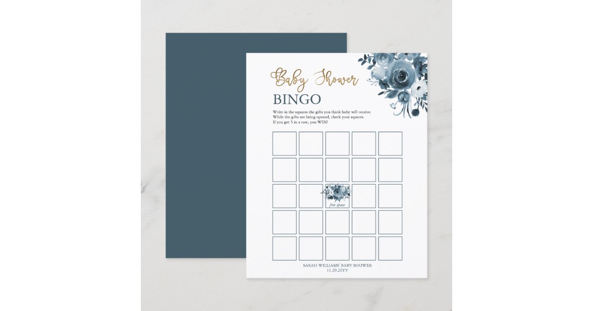 Blue Gold Watercolor Floral Baby Shower Bingo Card | Zazzle