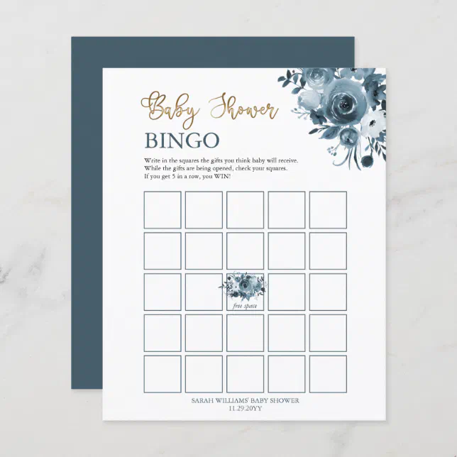 Blue Gold Watercolor Floral Baby Shower Bingo Card | Zazzle