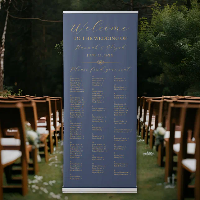 Blue Gold Wedding Alphabetical Seating Chart Retractable Banner | Zazzle