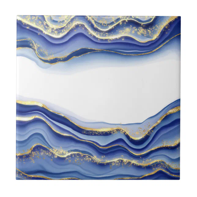 Blue Gold White Agate Geode Trendy Modern Ceramic Tile | Zazzle